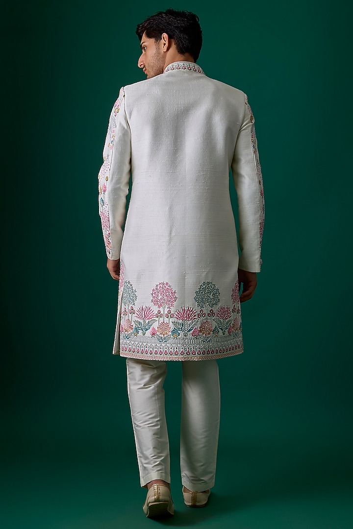 Ivory Raw Silk Hand Embroidered Groom Sherwani Set by SAMMOHAN at ...