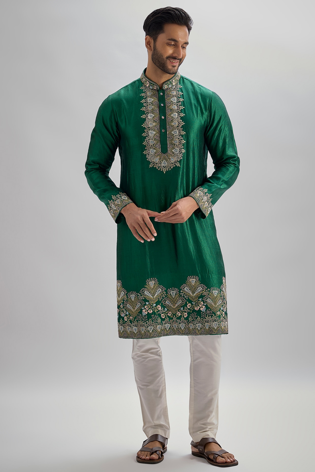 Emerald Green Silk Hand & Machine Embroidered Kurta Set by SAMMOHAN at ...