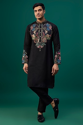 Black Tussar Resham Hand & Machine Embroidered Kurta Set by SAMMOHAN at ...