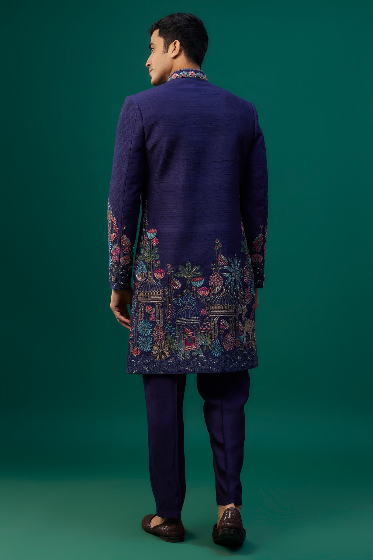 Navy Blue Raw Silk Resham Hand & Machine Embroidered Indowestern Set by ...