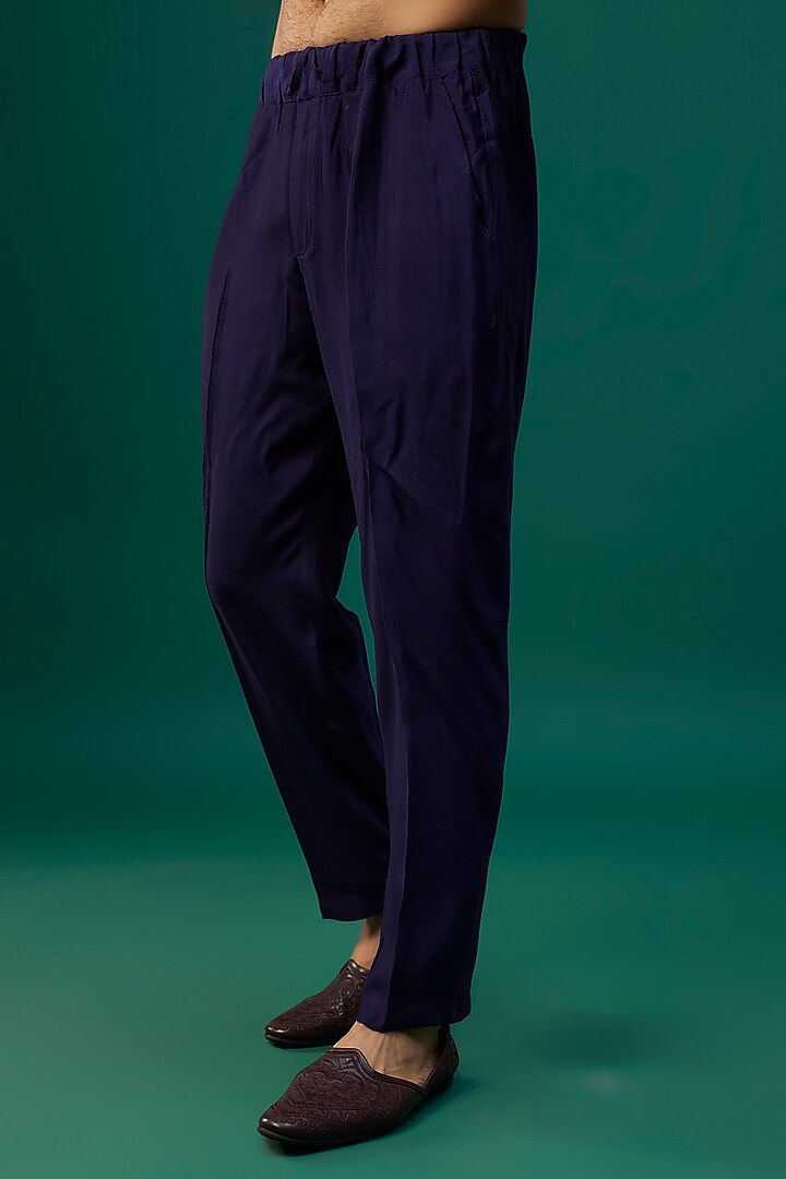 Navy Blue Raw Silk Resham Hand & Machine Embroidered Indowestern Set by ...