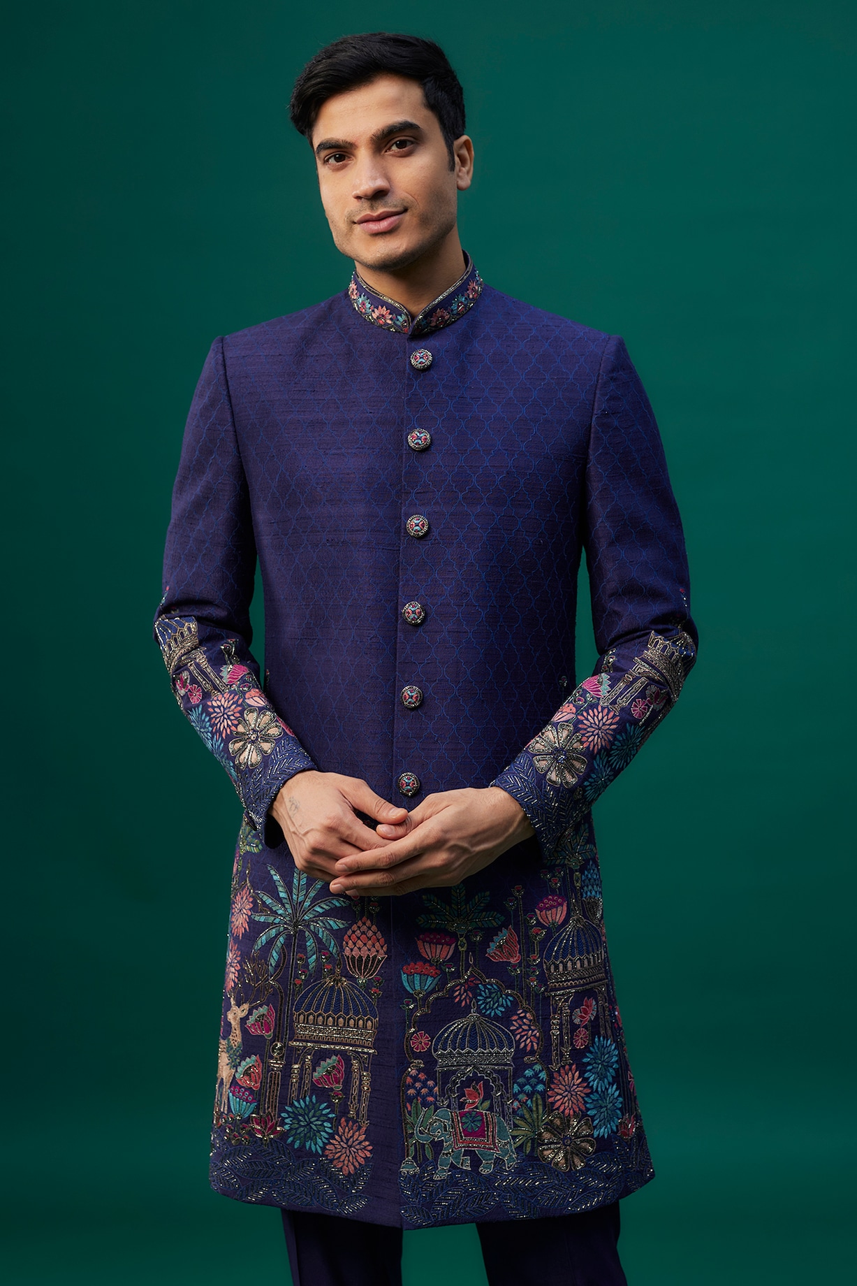 Navy Blue Raw Silk Resham Hand & Machine Embroidered Indowestern Set by ...