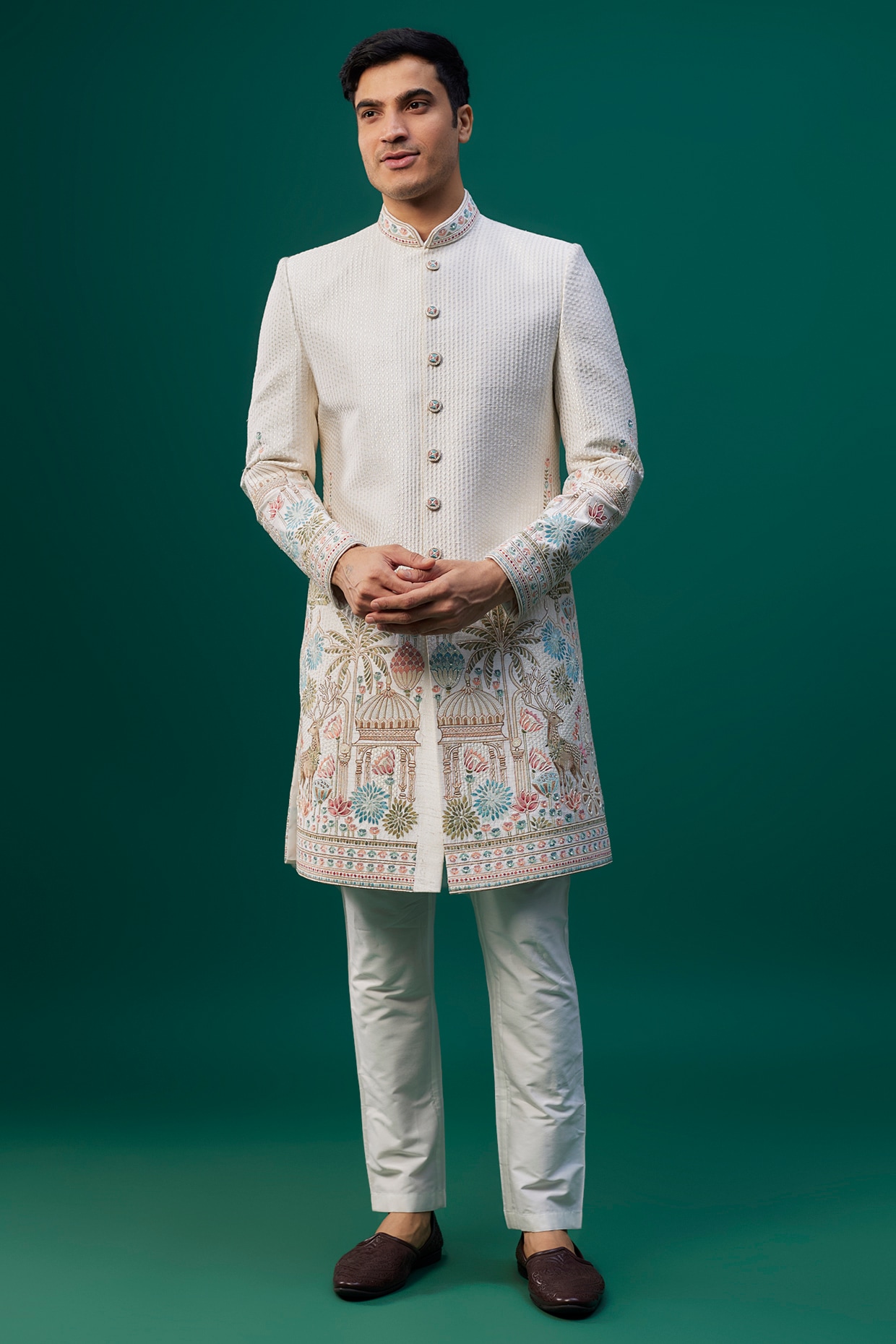 Ivory Raw Silk Resham Hand & Machine Embroidered Groom Sherwani Set by ...