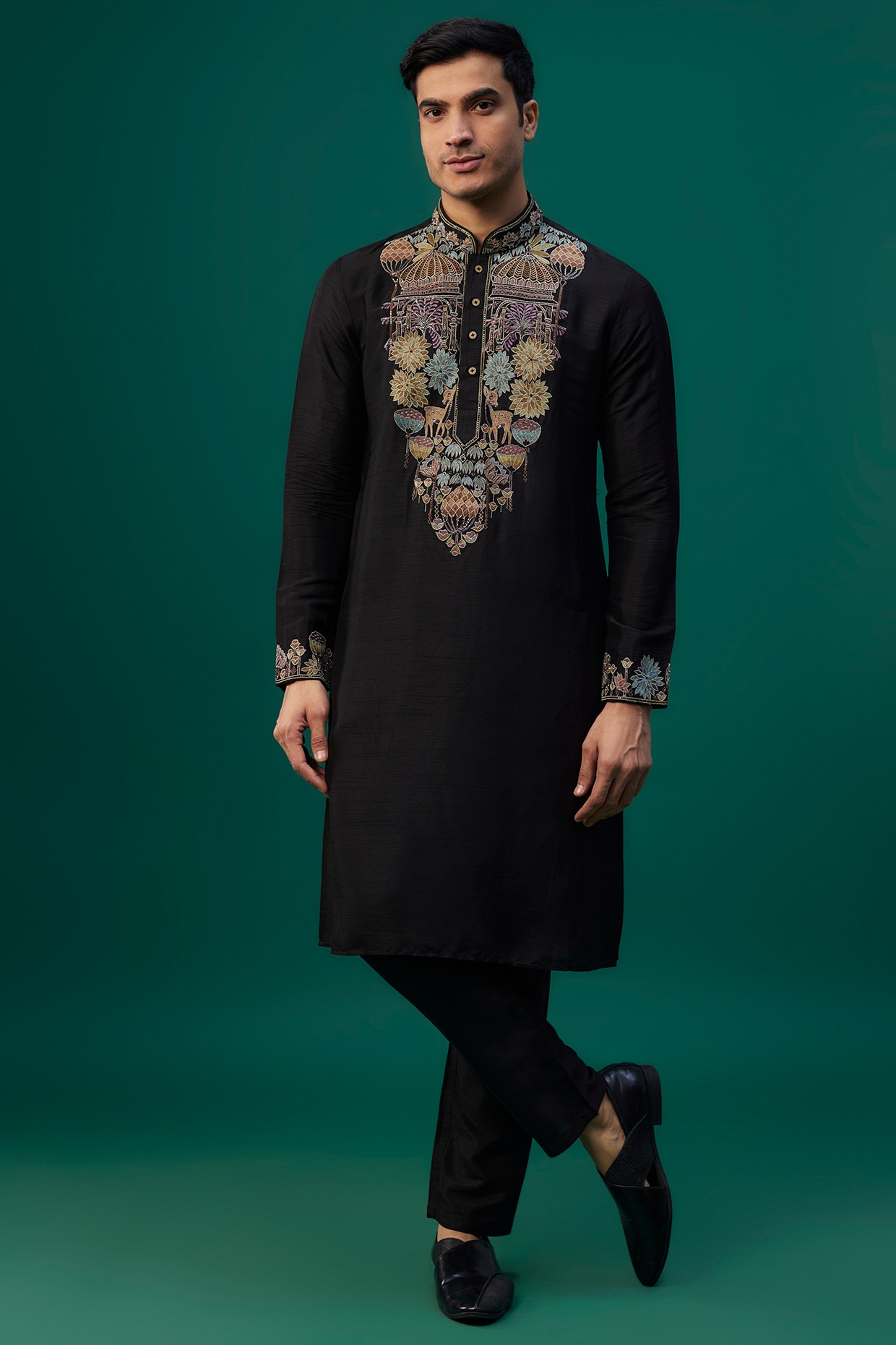 Black Tussar Resham Hand & Machine Embroidered Kurta Set by SAMMOHAN at ...