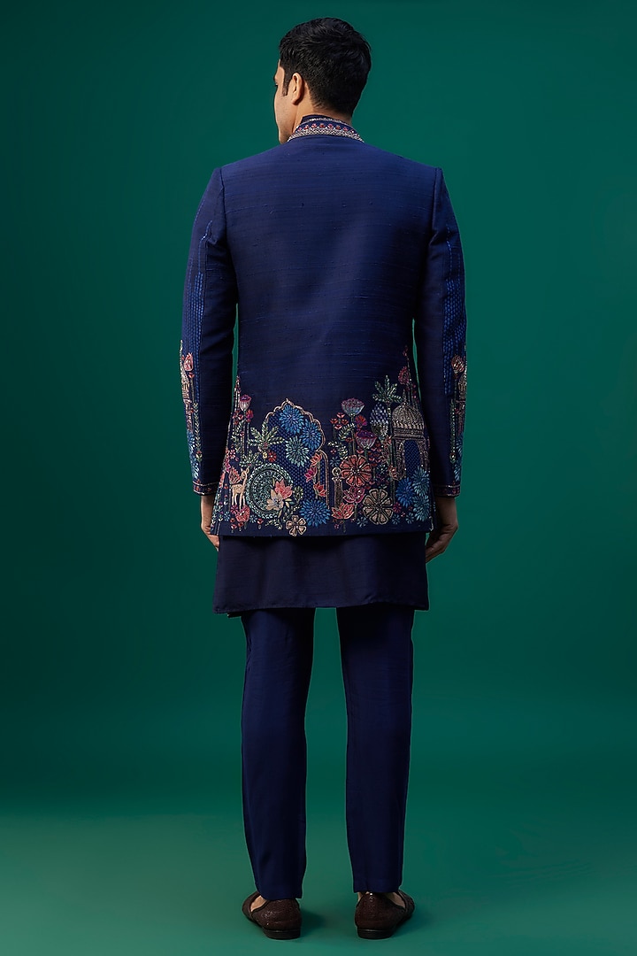 Navy Blue Raw Silk Resham Hand & Machine Embroidered Indowestern Set by ...