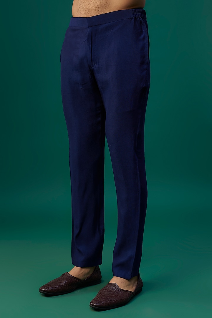 Navy Blue Raw Silk Resham Hand & Machine Embroidered Indowestern Set by ...