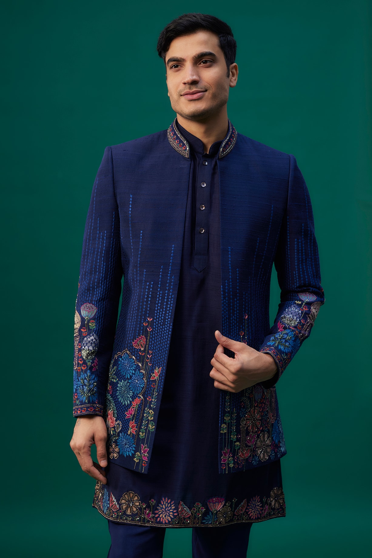 Navy Blue Raw Silk Resham Hand & Machine Embroidered Indowestern Set by ...