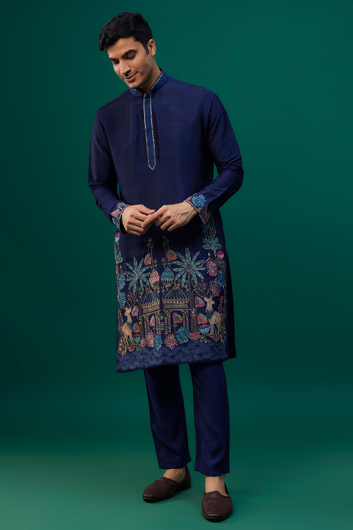 Navy Blue Tussar Resham Hand & Machine Embroidered Kurta Set by ...