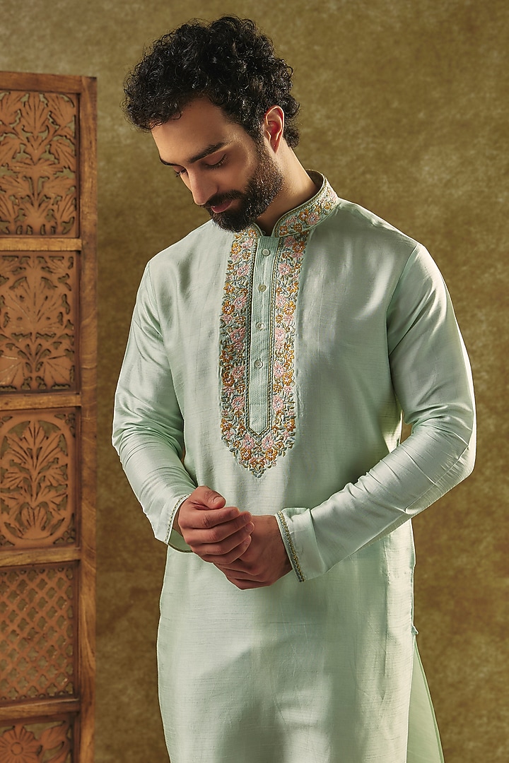 Mint Green Tussar Resham Embroidered Kurta Set by SAMMOHAN at Pernia's ...