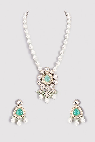 Green Stone & Moissanite Polki Long Necklace Set by Tsera World at ...