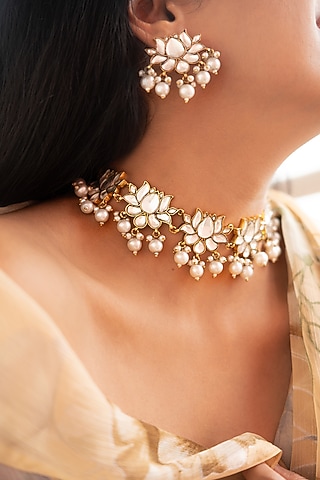 White Kundan Polki & Pearl Drop Lotus Choker Necklace Set by Tsera ...