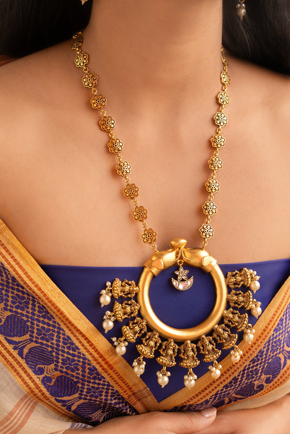 Golden Polki & Pearl Long Temple Necklace Set Design by Tsera World at ...