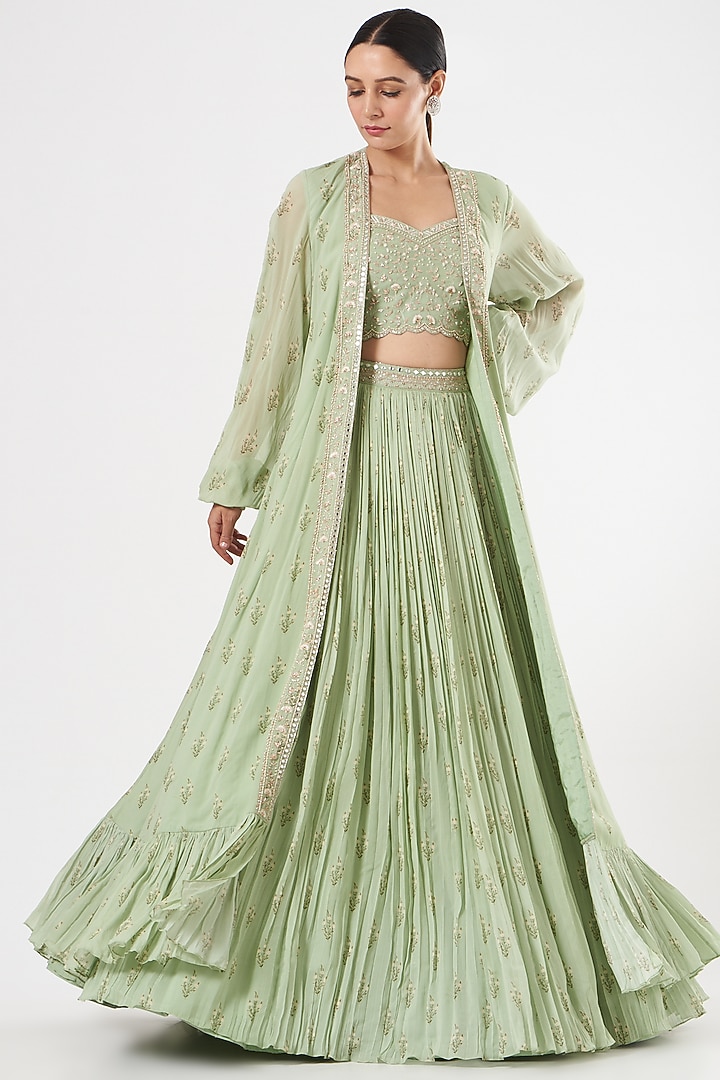 Mint Green Georgette Embroidered Jacket Wedding Lehenga Set by Sana ...