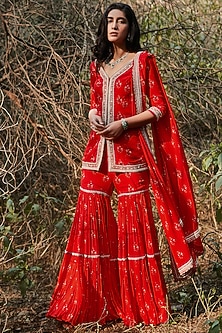 Red Hand Embroidered & Printed Gharara Set Design by Sana Barreja at ...