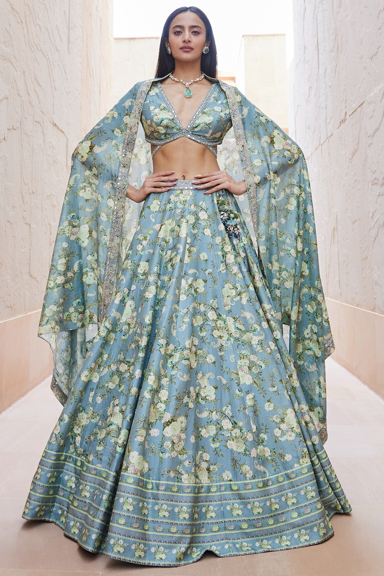 Ice Blue Printed Wedding Lehenga Set by Sana Barreja at Pernia's Pop Up ...
