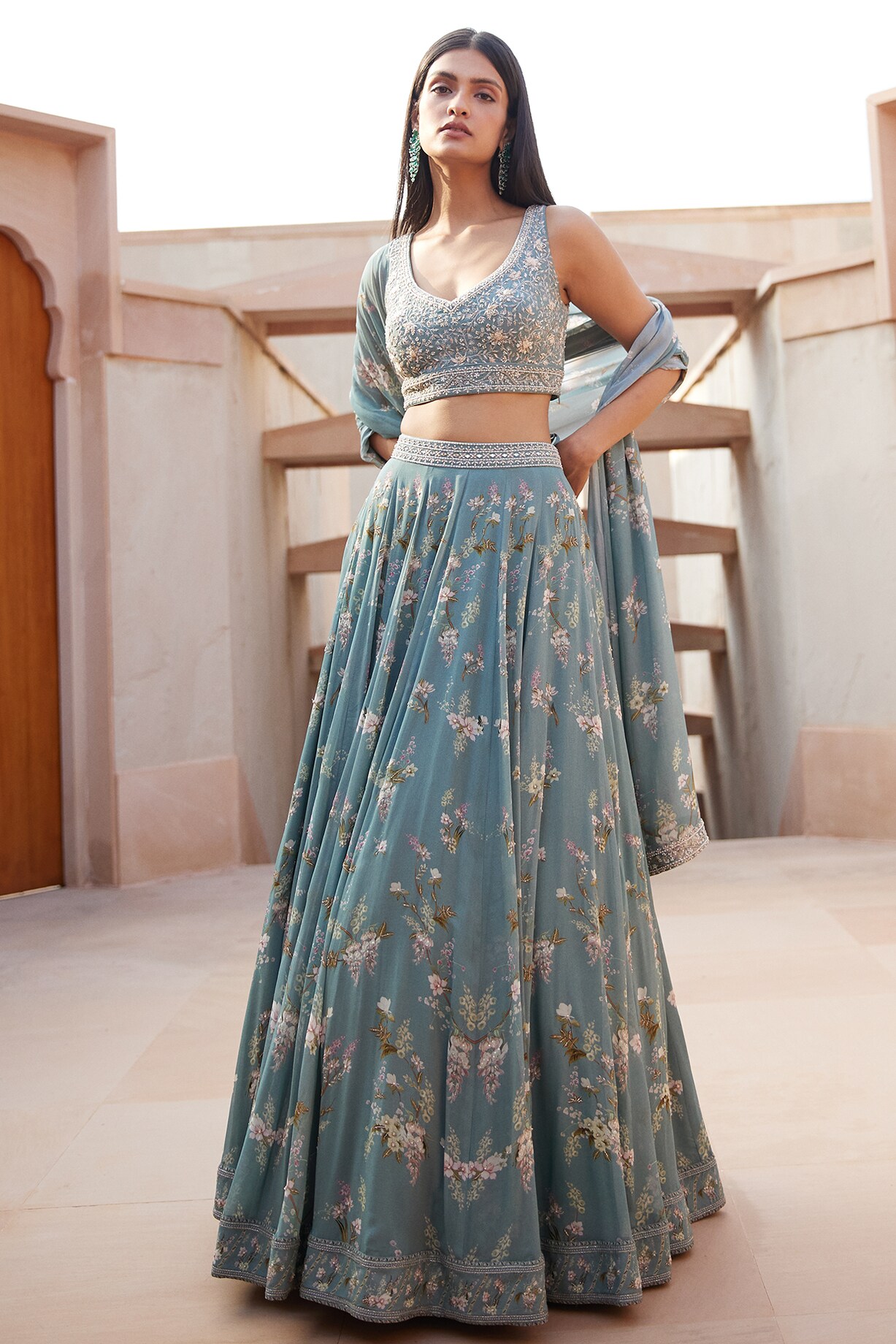 Ice Blue Wedding Lehenga Set With Print by Sana Barreja at Pernia's Pop ...