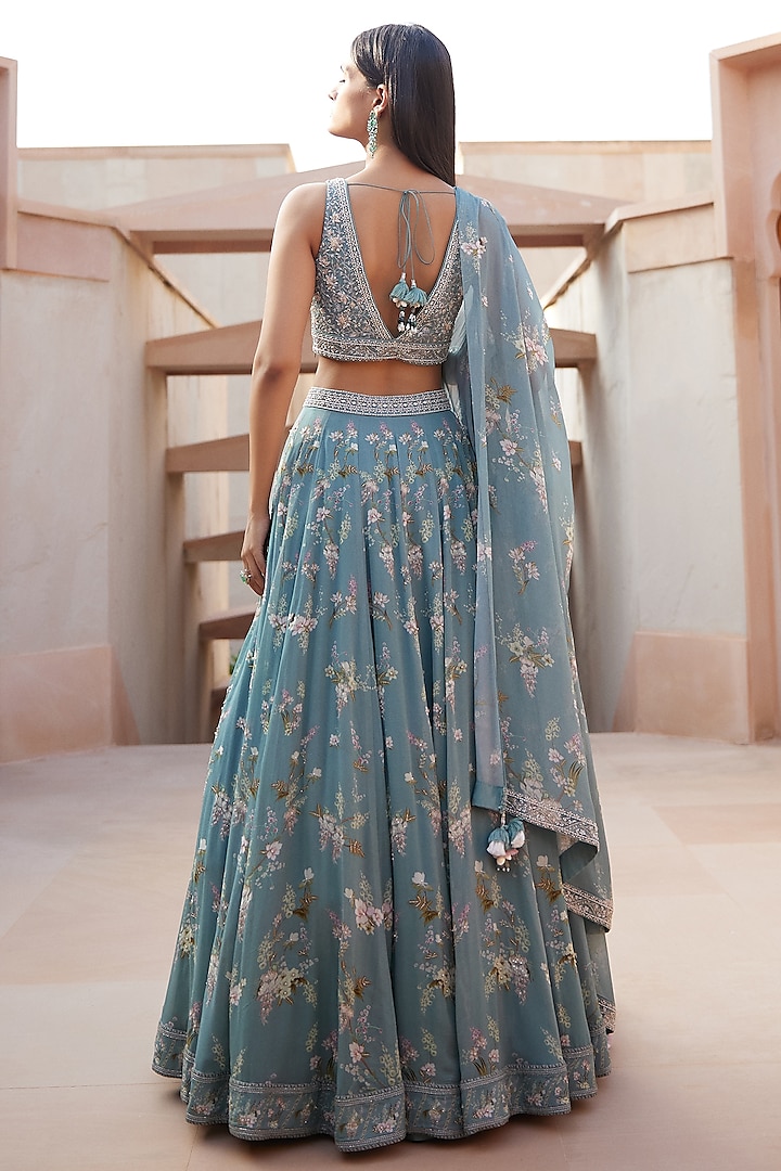 Ice Blue Wedding Lehenga Set With Print by Sana Barreja at Pernia's Pop ...