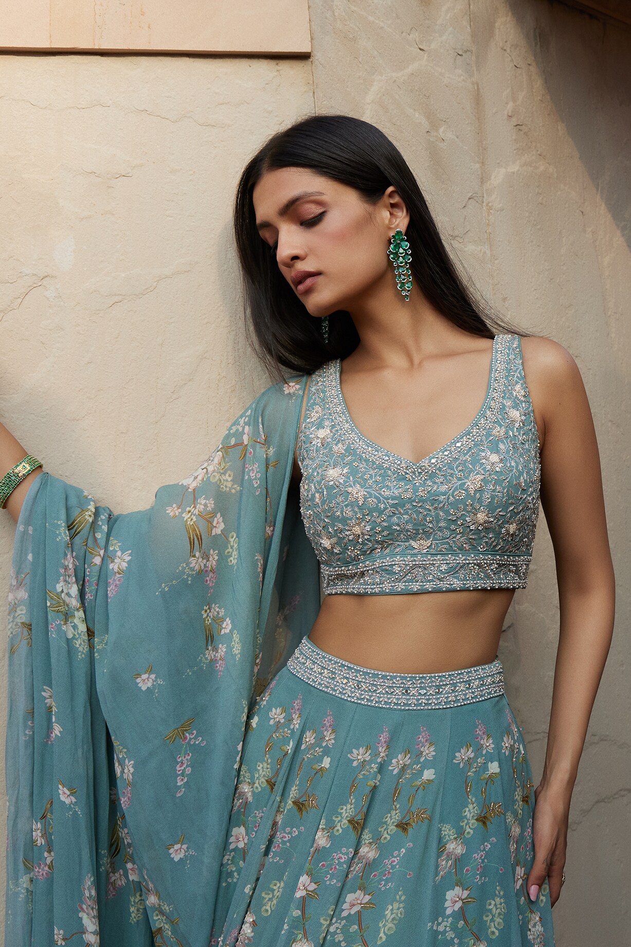 Ice Blue Wedding Lehenga Set With Print by Sana Barreja at Pernia's Pop ...