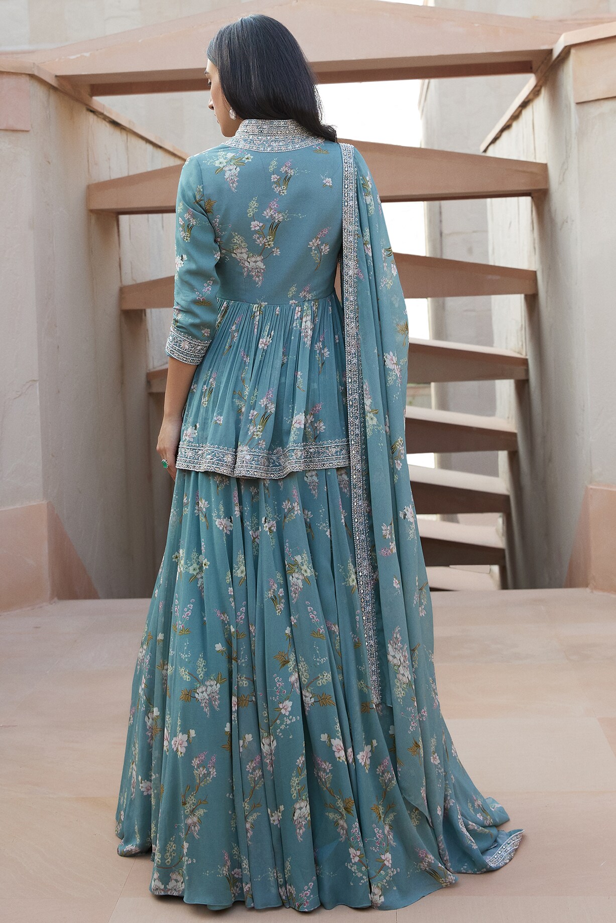 Ice Blue Georgette Printed Wedding Lehenga Set by Sana Barreja at ...