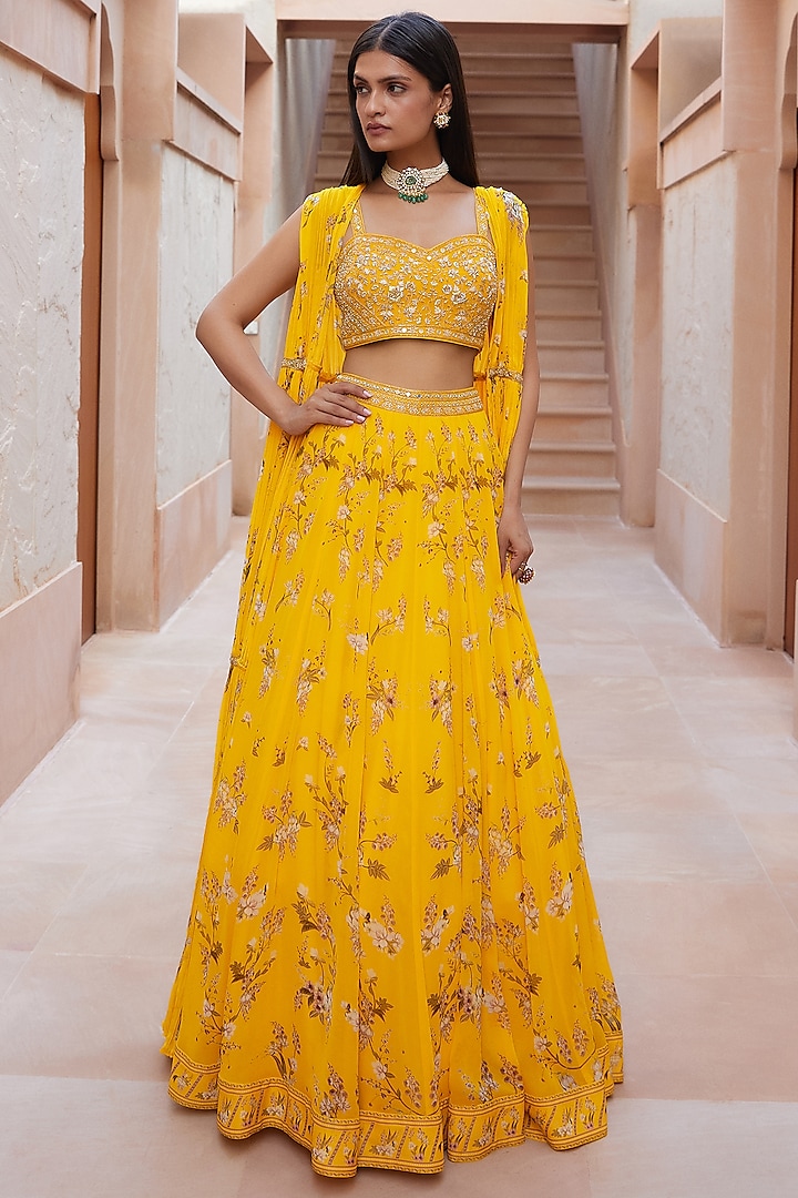 Yellow Printed & Embroidered Jacket Lehenga Set Design by Sana Barreja ...