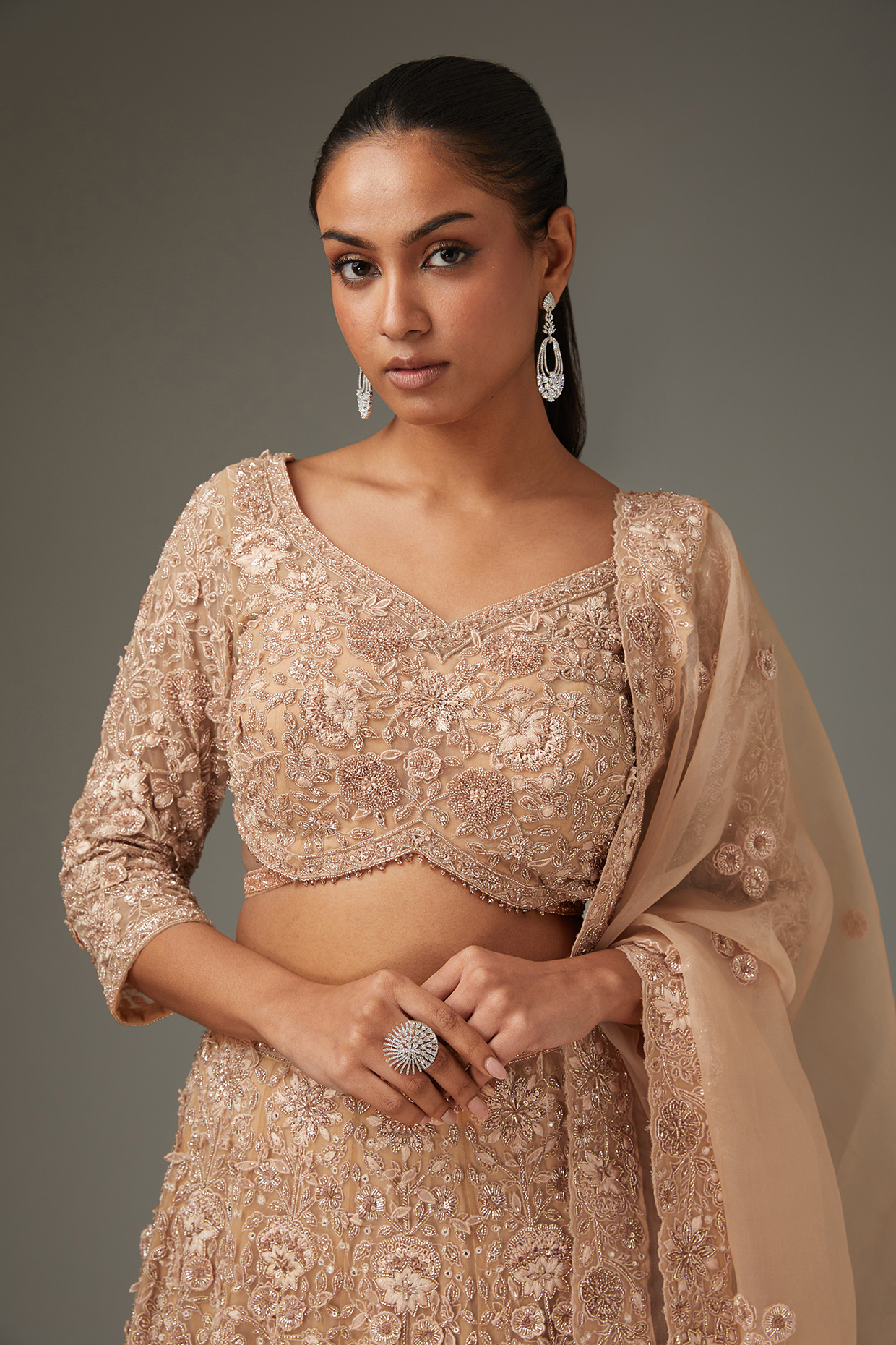 Champagne Net Floral Hand Embroidered Bridal Lehenga Set By Sana
