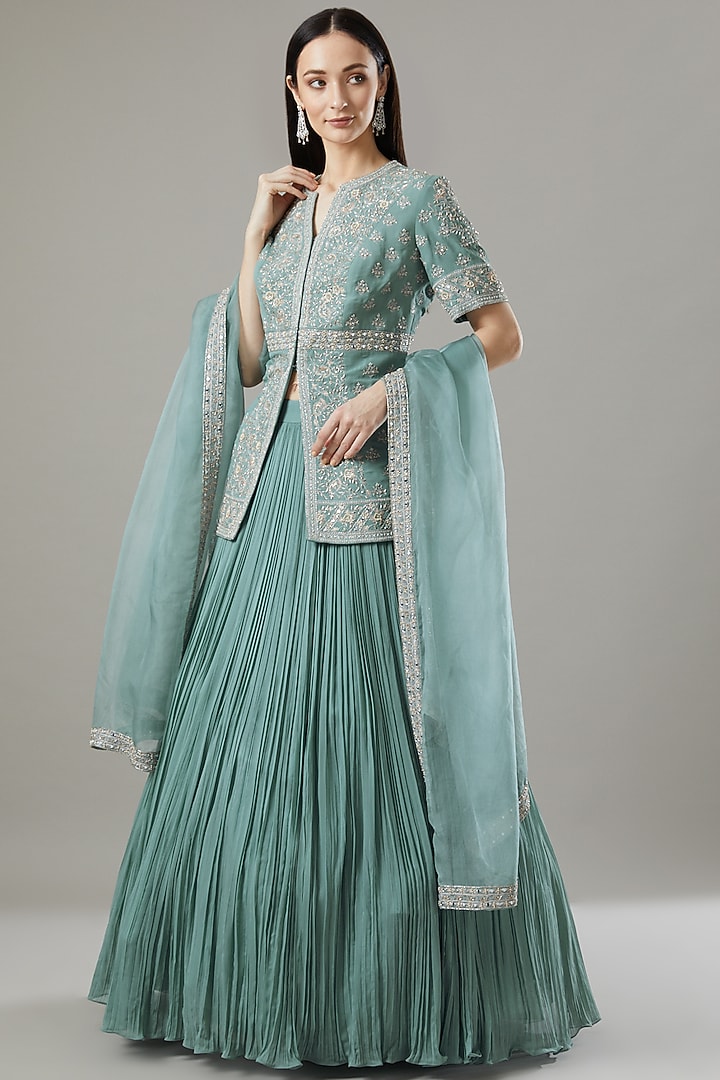 Blue Embroidered Jacket Lehenga Set Design by Sana Barreja at Pernia's ...