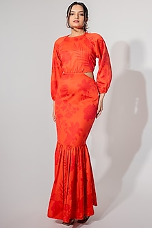 Orange Satin Floral Printed Maxi Fish Cut Dress Design by Saangi at ...