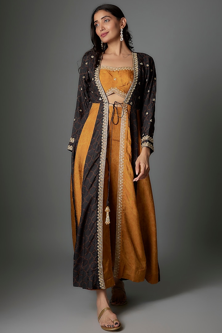 Mustard & Black Dola Silk Hand Embroidered Shrug Set by Saangi at ...