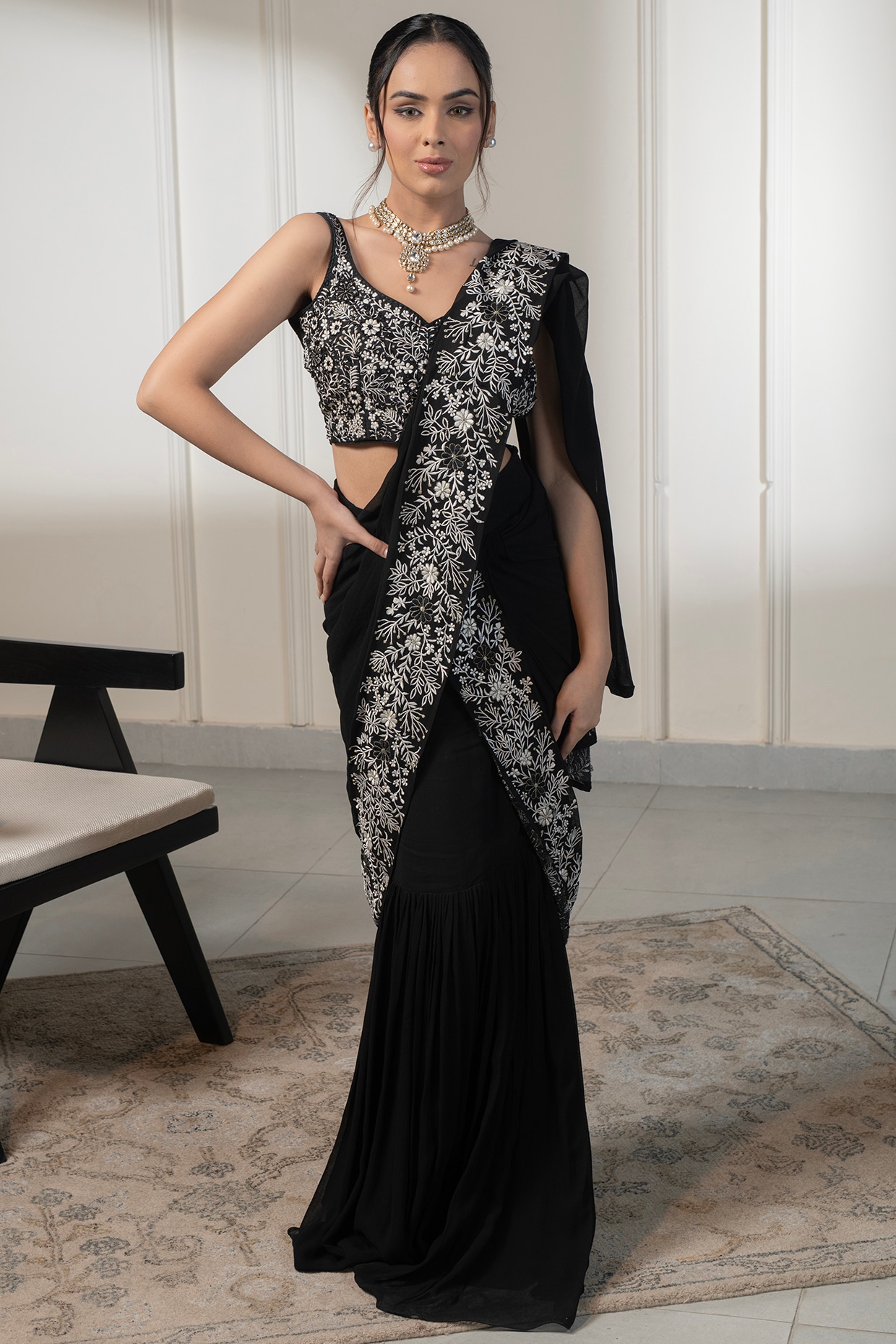 Black Georgette Thread Embroidered Pre-Draped Saree Set by Saniya ...