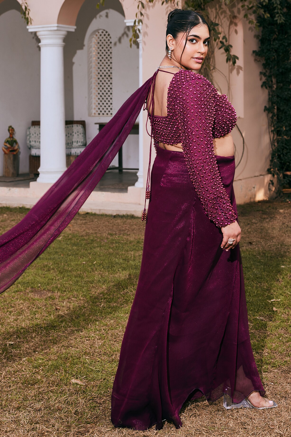 Plum Crinkled Chiffon Pre-Draped Saree Set by Saanjh by Lea at Pernia's ...