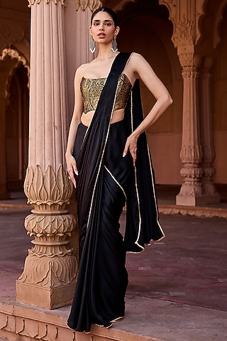 Black Armani Satin Pre-Draped Saree Set by Saanjh by Lea at Pernia's ...