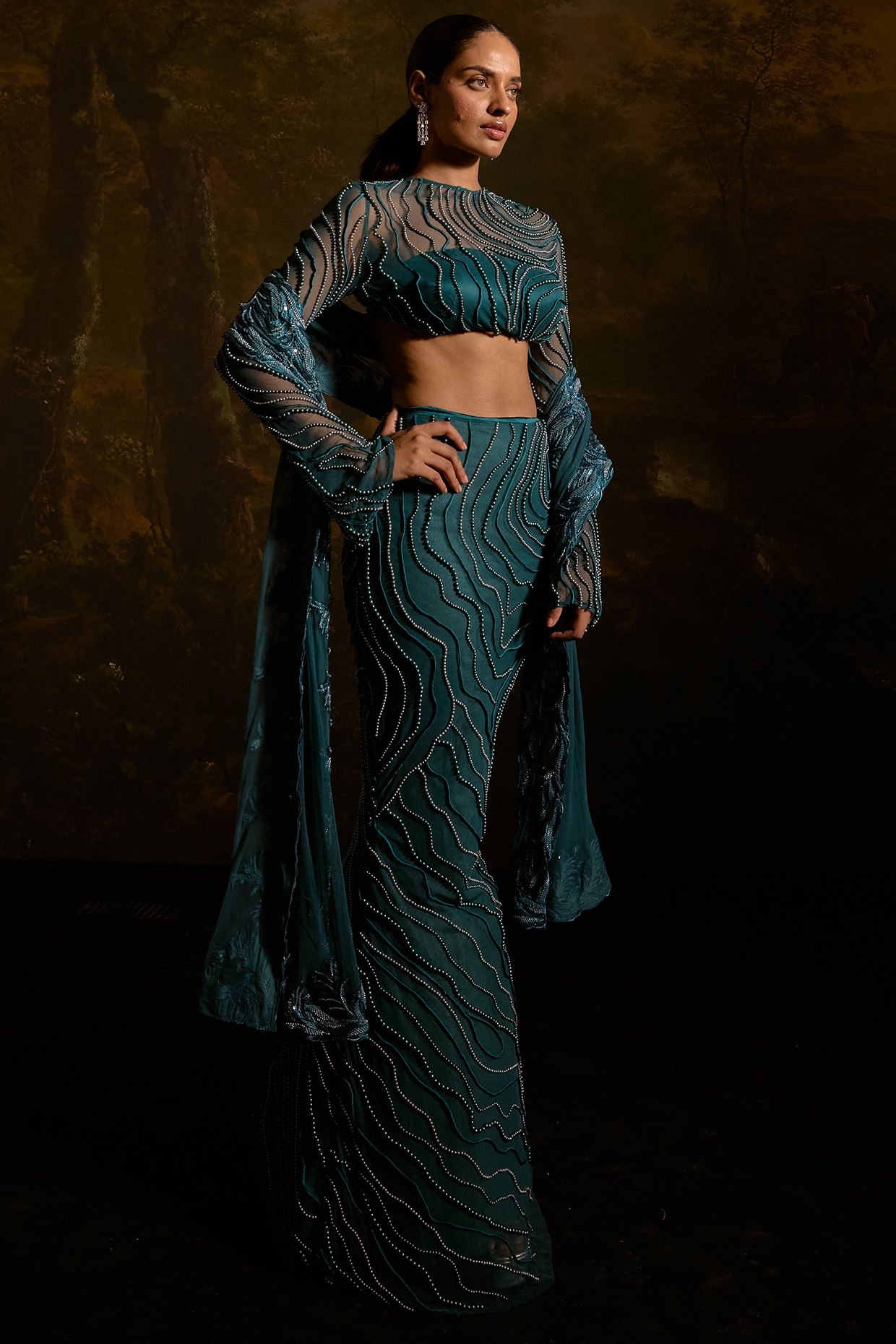 Teal Mesh & Satin Hand Embroidered Mermaid Wedding Lehenga Set by ...