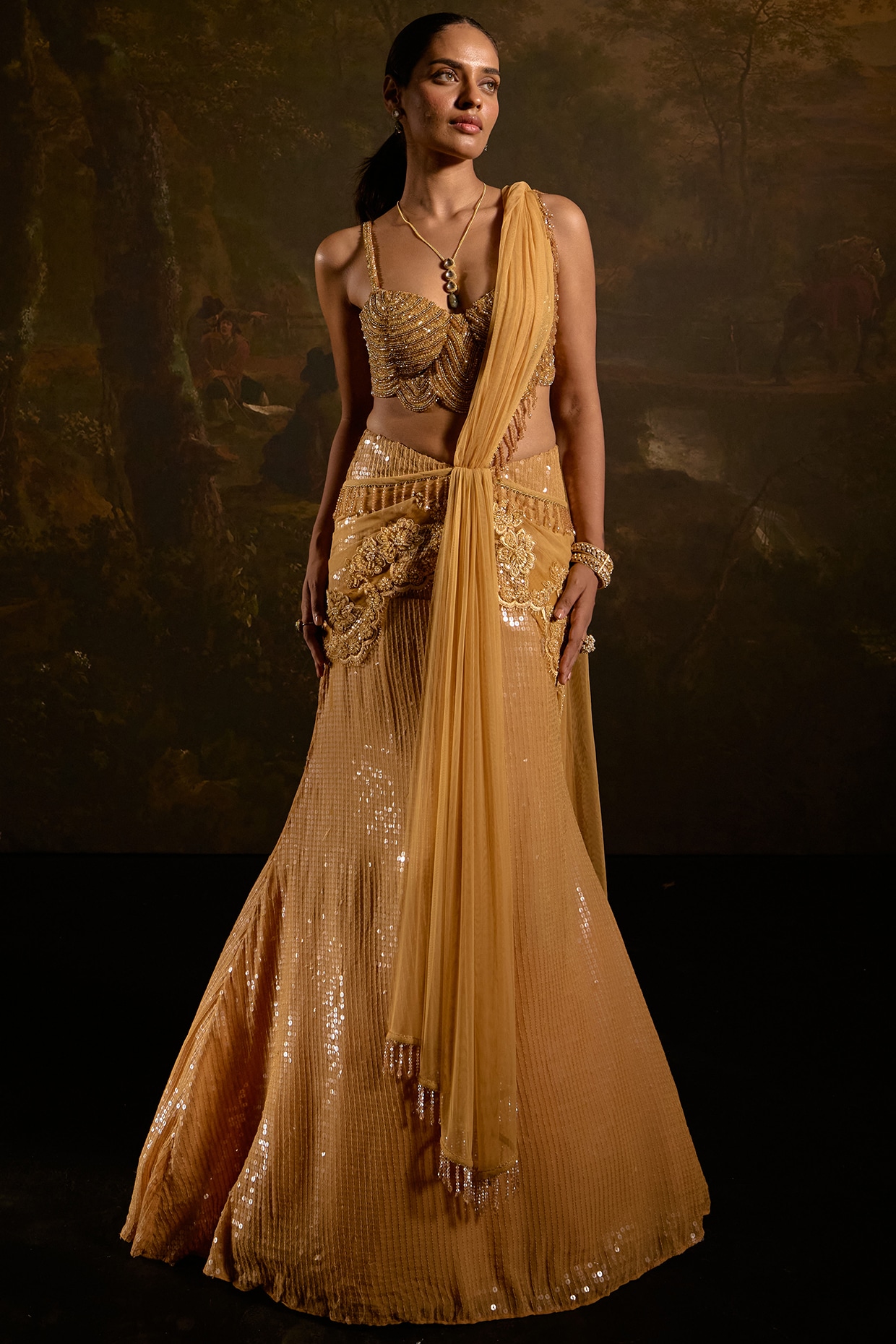 Gold Sequins Lace Embellished Pre-Draped Mermaid Saree Set by Saanjh by ...