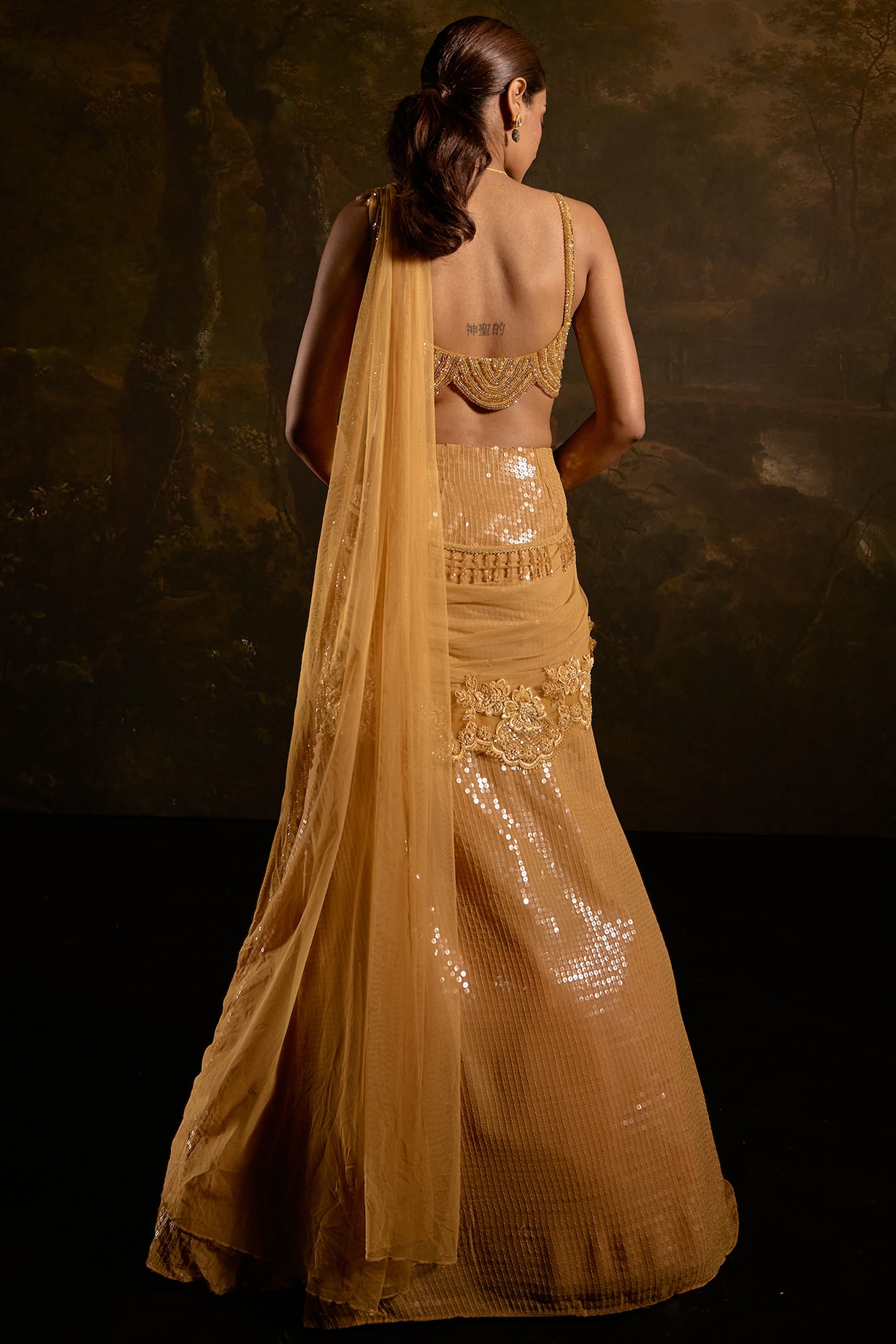 Gold Sequins Lace Embellished Pre-Draped Mermaid Saree Set by Saanjh by ...