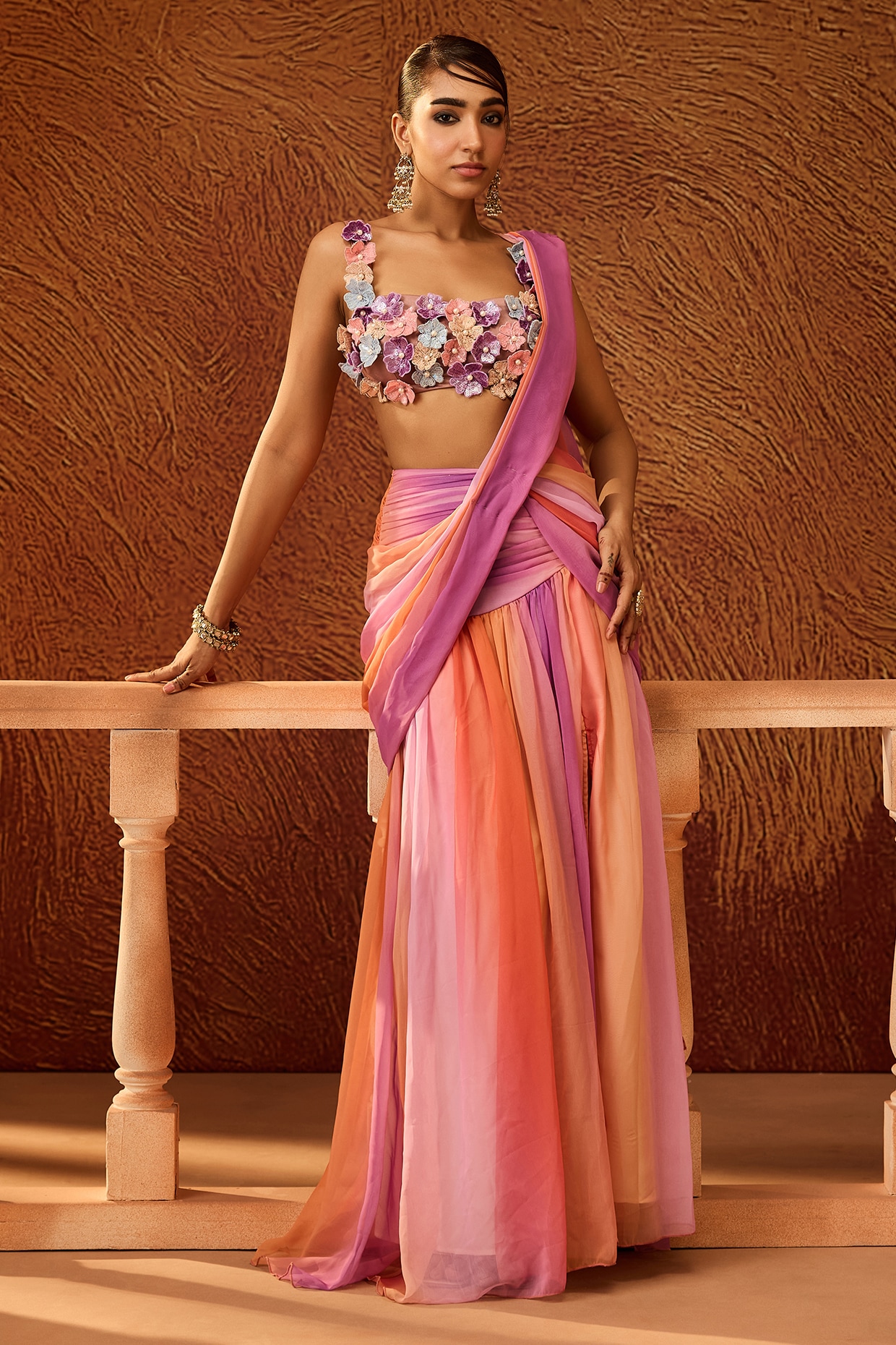 Multi-Colored Lurex Satin Digital Printed Lehenga Saree Set by Saanjh ...
