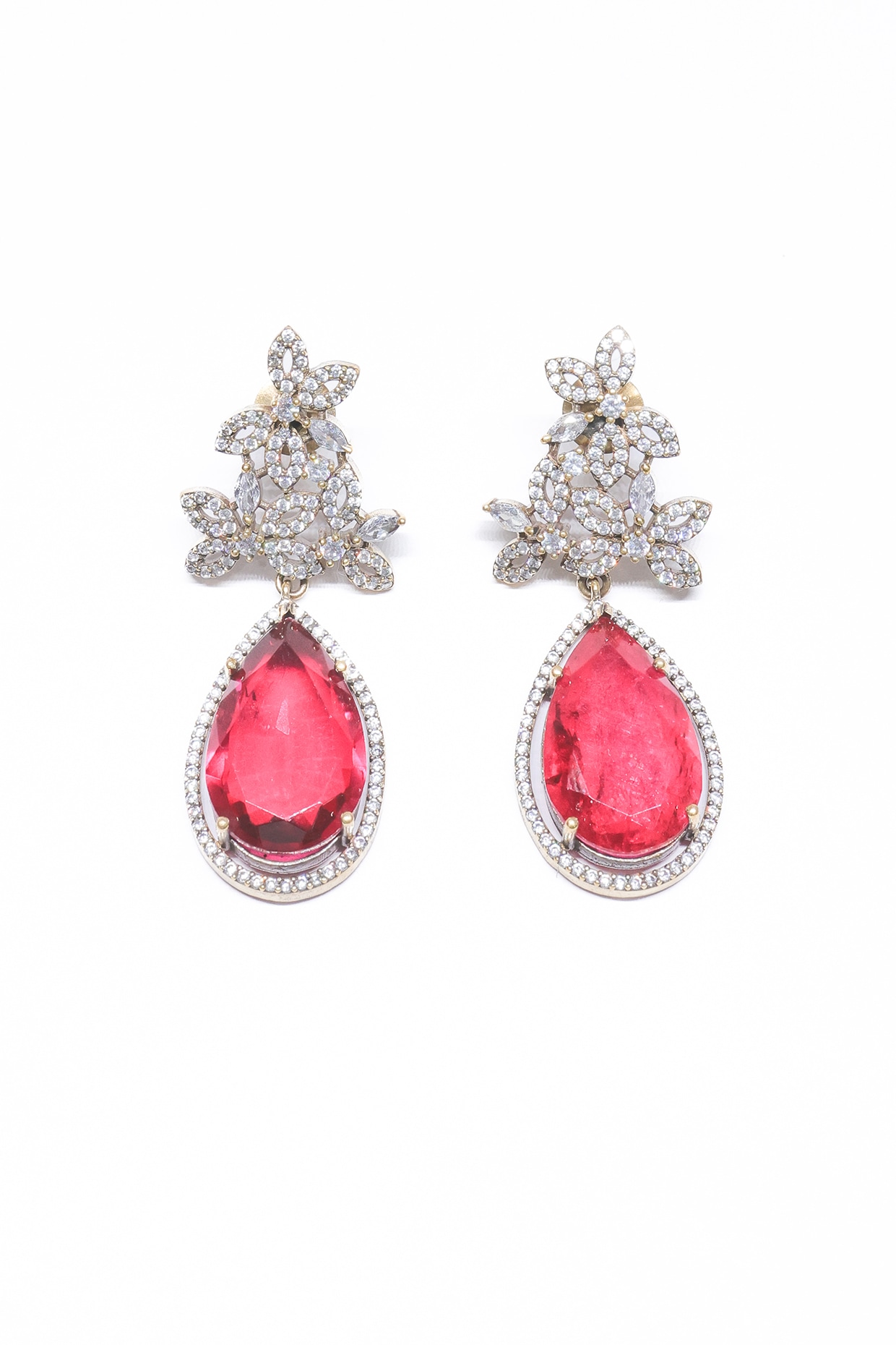 White Finish Red Synthetic Stone Enameled Dangler Earrings by Saptam ...