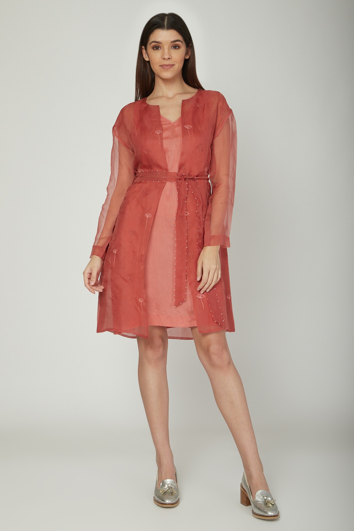 Coral Floral Embroidered Jacket With Inner & Belt by Sneha Arora at ...