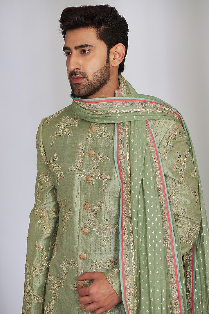 Sage Green Matka Silk Embroidered Groom Sherwani Set by SARAN KOHLI at ...