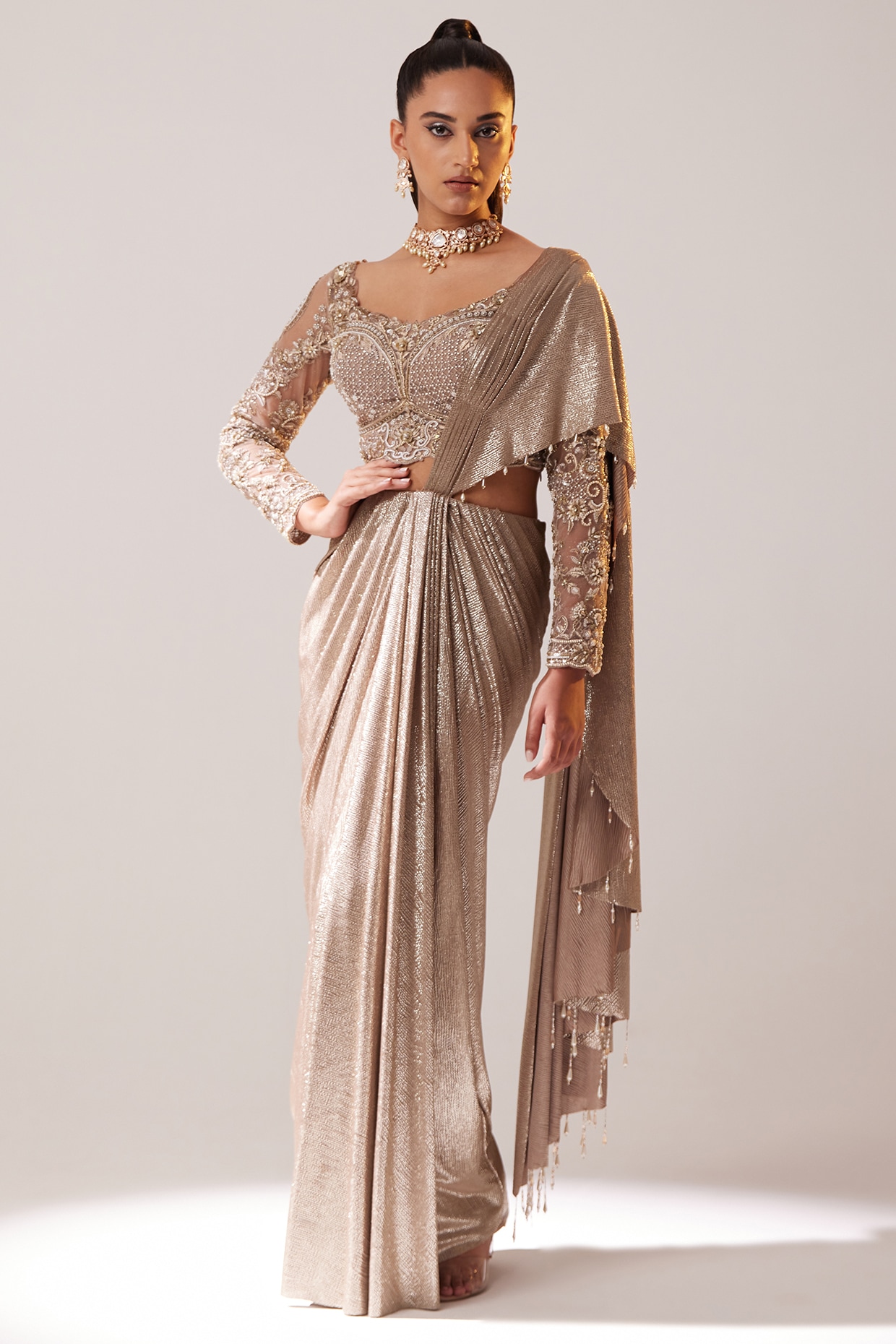 Gold Lame Hand Embellished Draped Saree Set by SARTORIALE at Pernia's ...