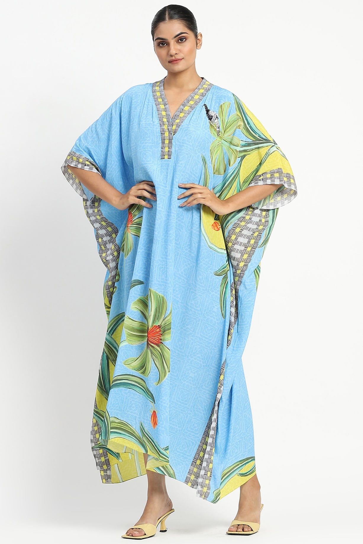 Light Blue Viscose Crepe Floral printed Kaftan by Satya Paul at Pernia ...