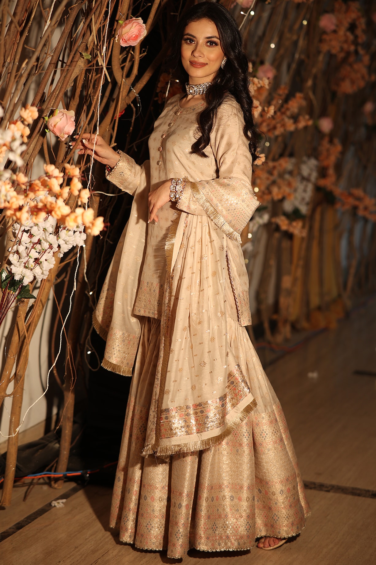 Beige Woven Zari Gharara Set by Safaa at Pernia's Pop Up Shop 2025