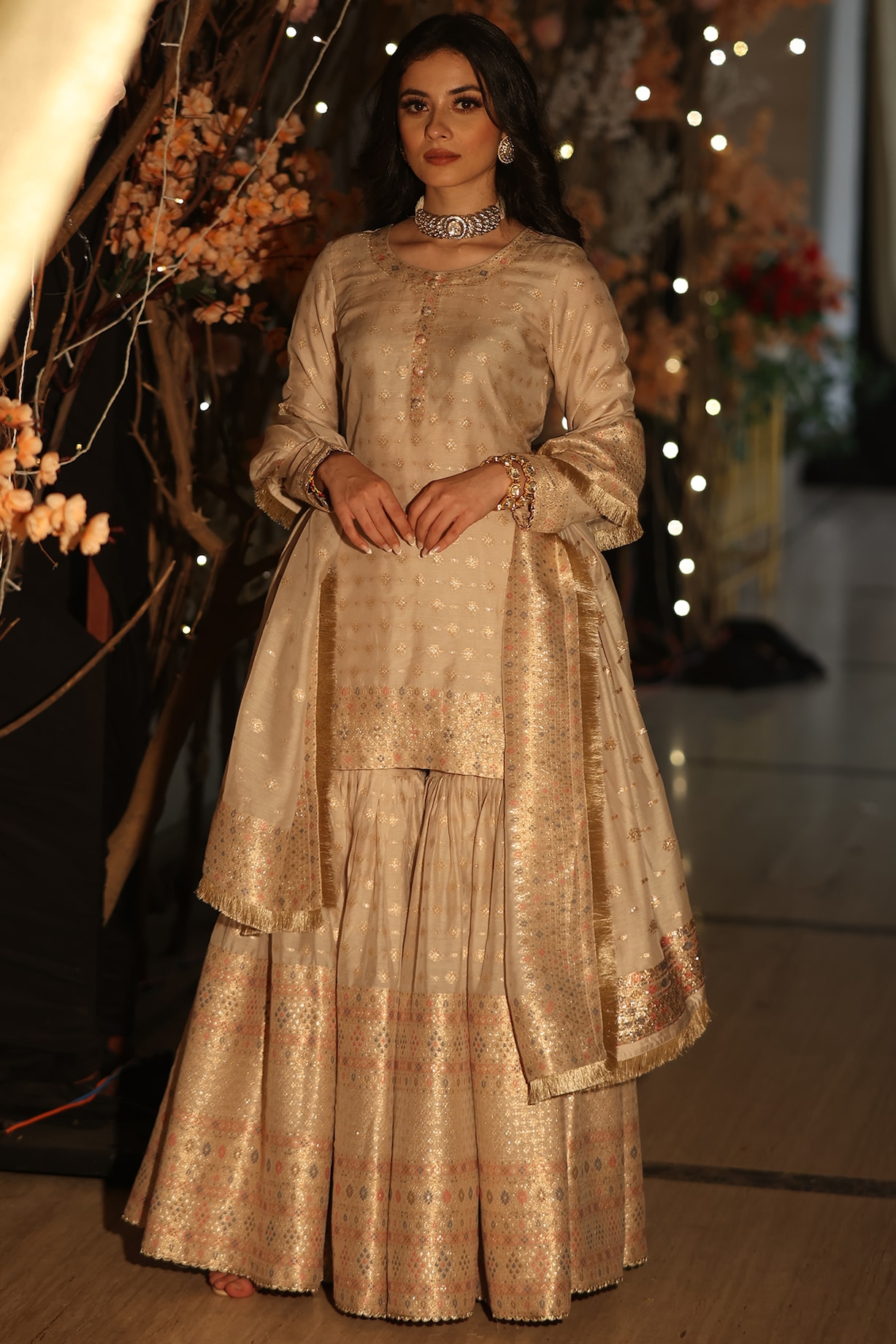 Beige Woven Zari Gharara Set by Safaa at Pernia's Pop Up Shop 2025