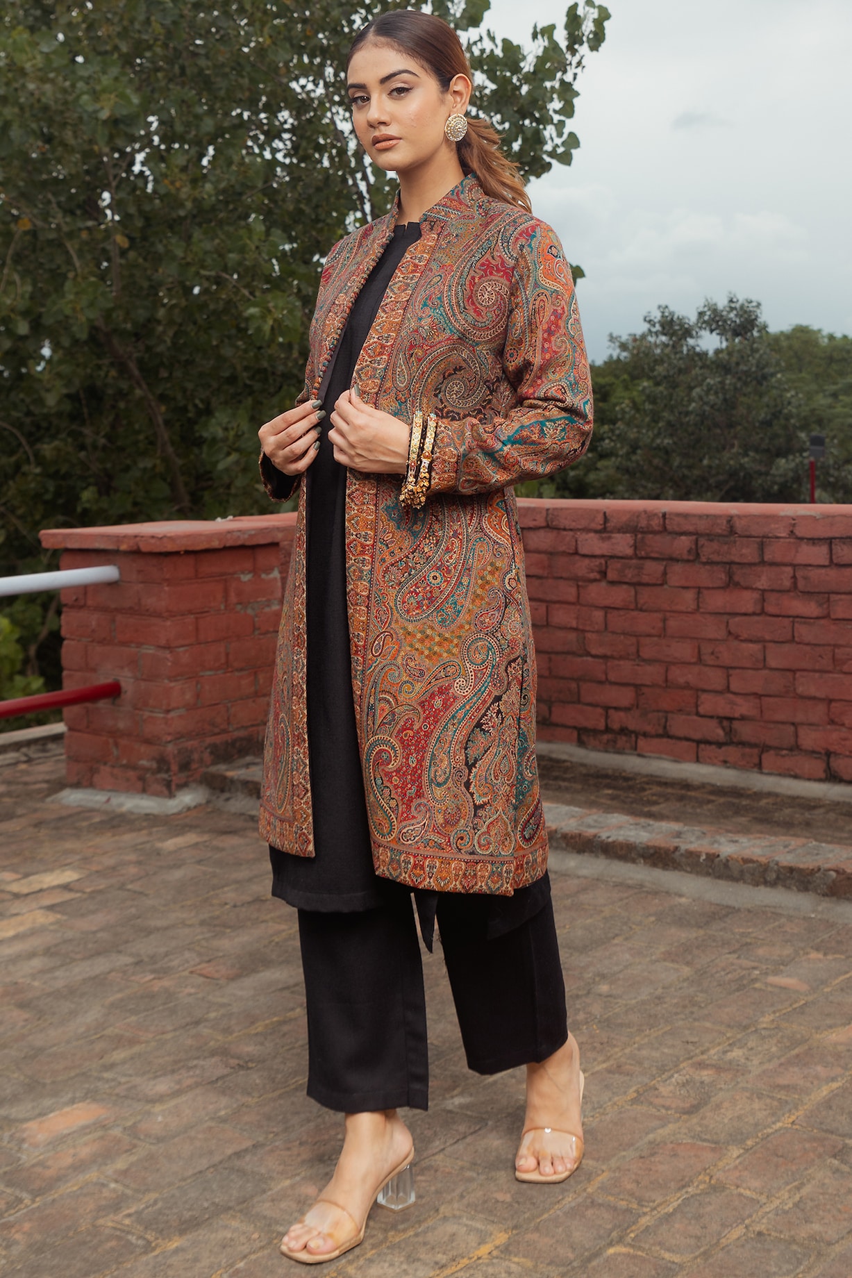 Multi-Colored Acrylic Viscose Blend Paisley Printed Jacket Set by Safaa ...
