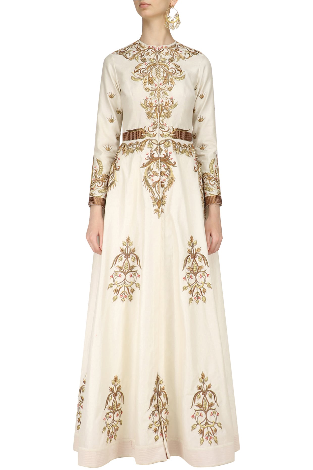 Ivory embroidered long sleeves front open gown available only at Pernia ...