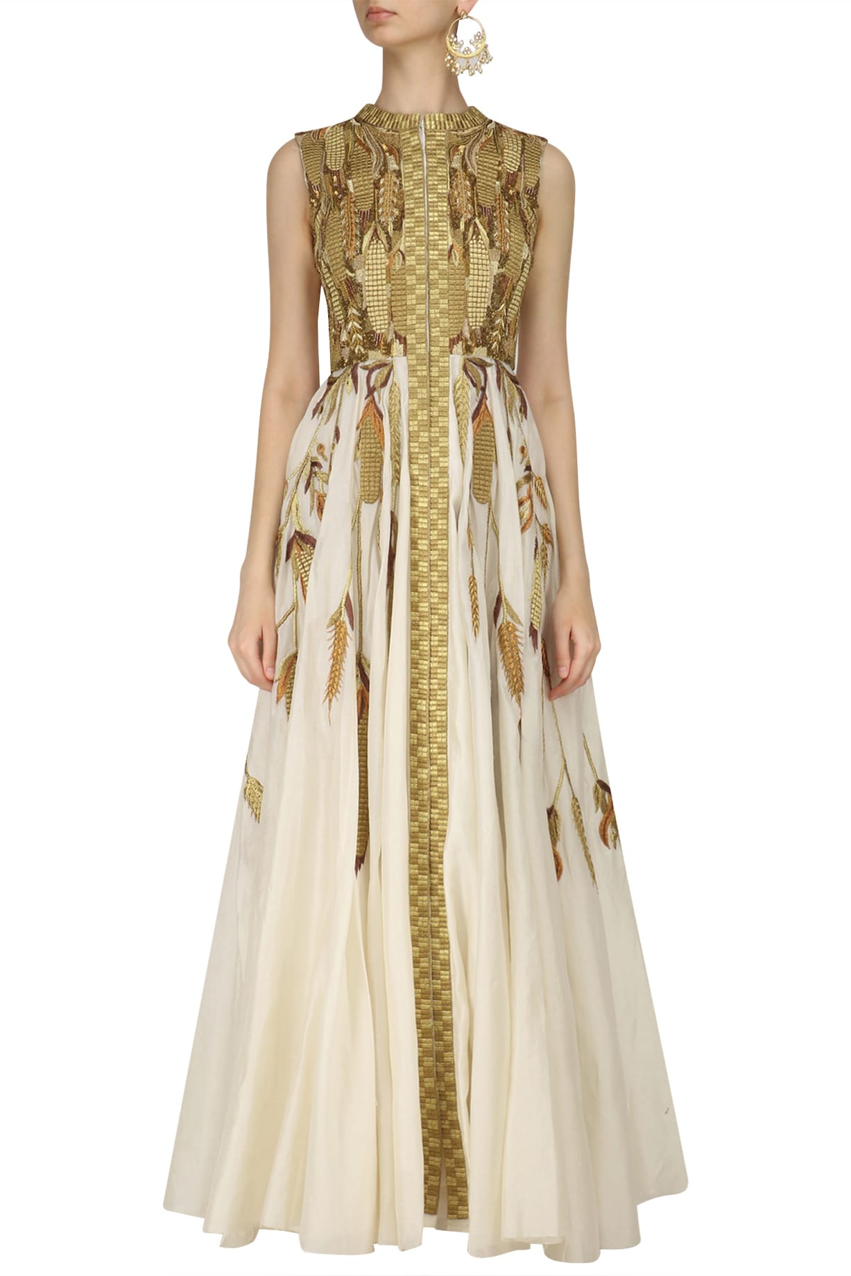 Ivory and gold front open heavy zari embroidered gown available only at ...