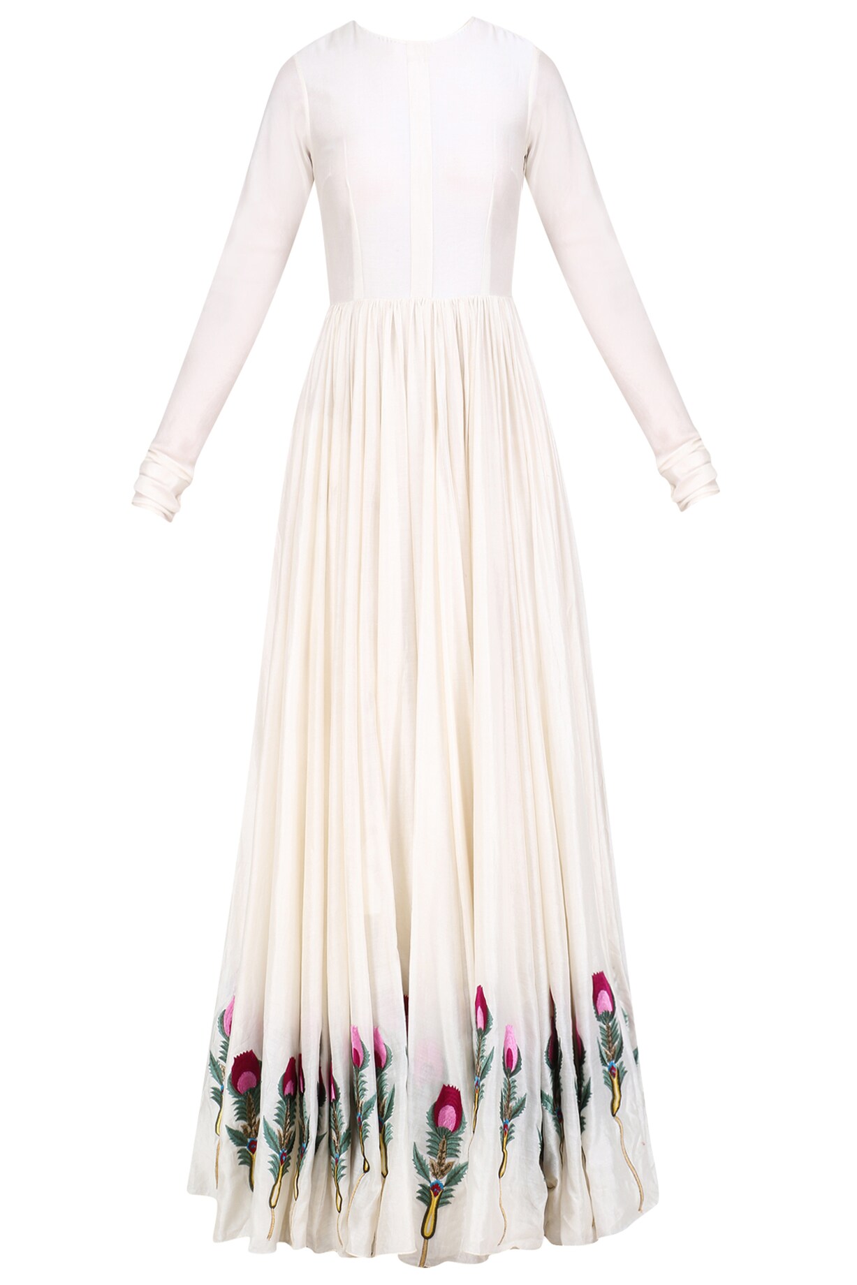 Off white silk thread and zari floral embroidered gown available only ...