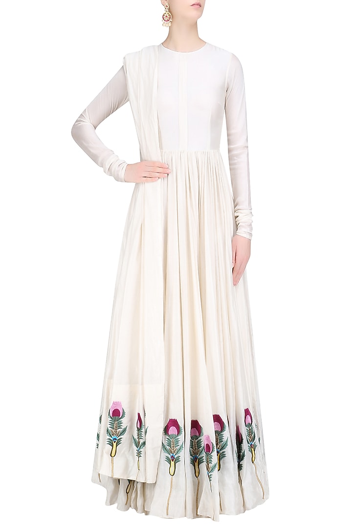 Off white silk thread and zari floral embroidered gown available only ...