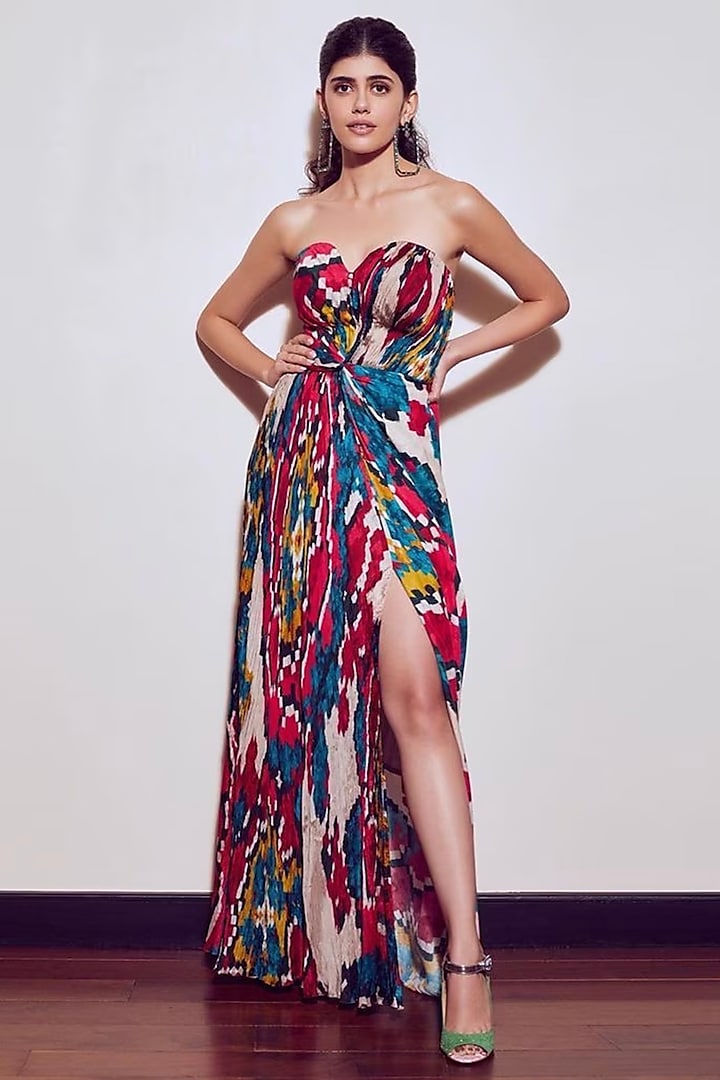 Multi Colored Chiffon Ikkat Printed Hand Pleated Maxi Dress By Saaksha