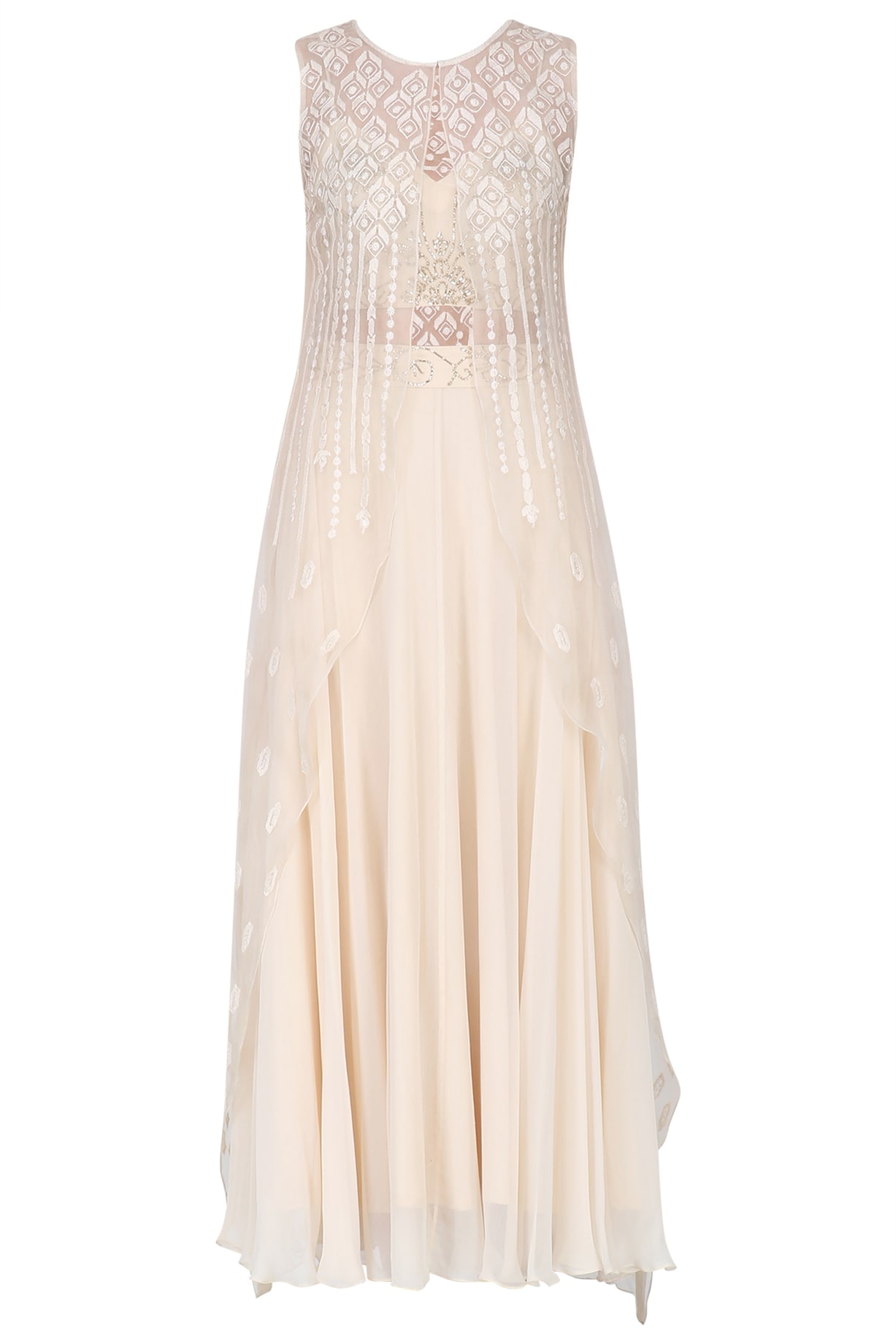 Light beige floral embroidered jacket, bralet and skirt set available ...