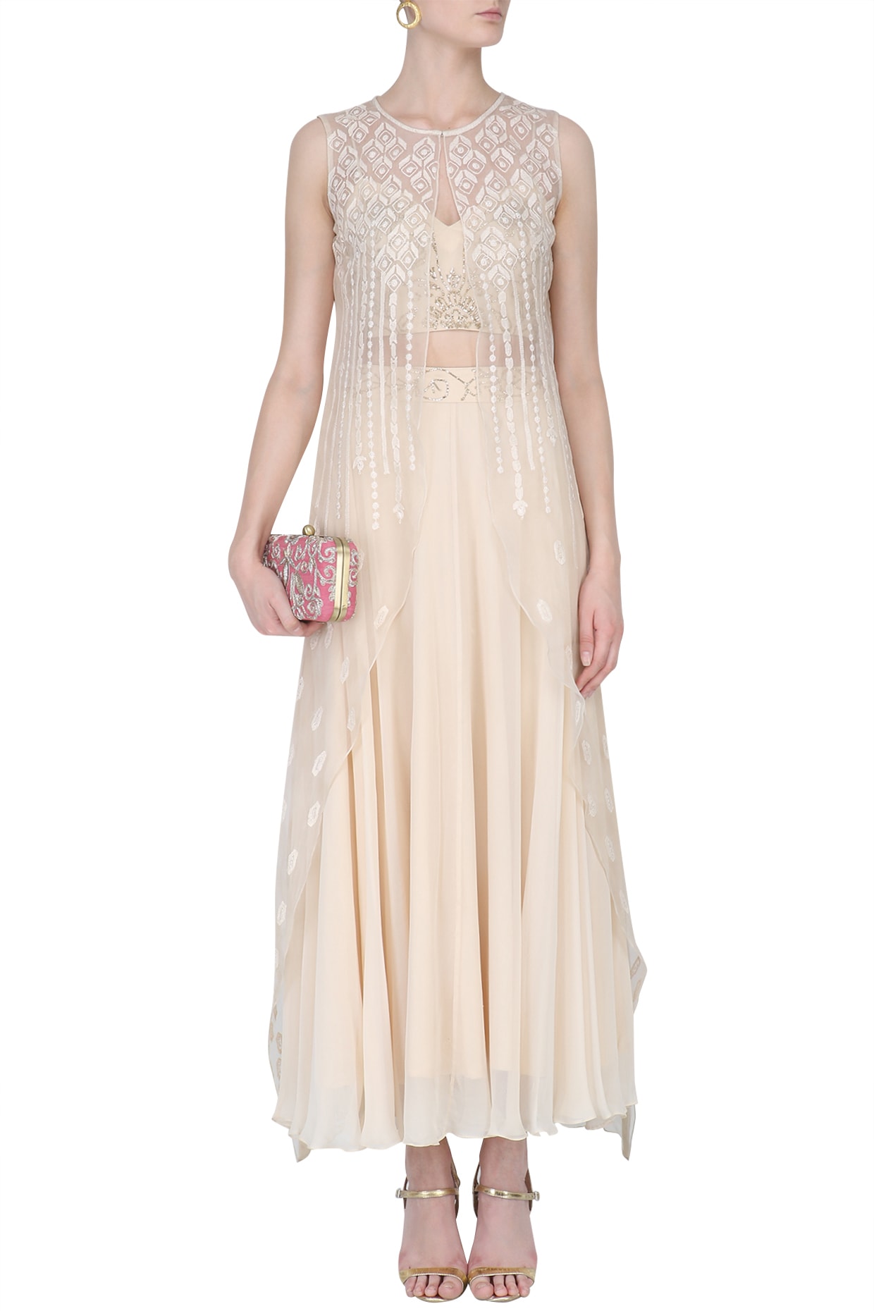 Light beige floral embroidered jacket, bralet and skirt set available ...